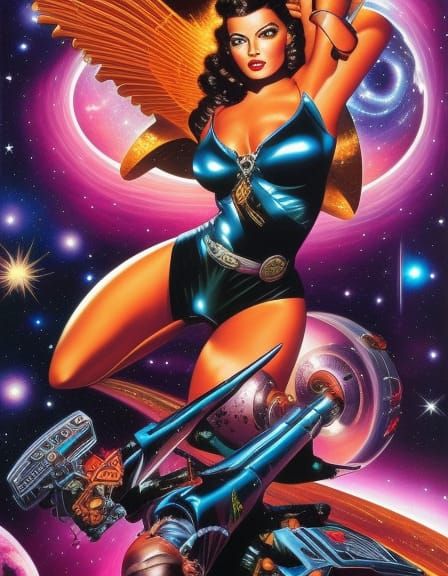 pinup ridding a flying electric guitar through the space and galaxies portrait, 8k, hyper ...