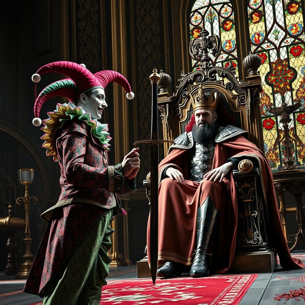 Jester Pierces Regal King in Dramatic, High-Contra... - AI Art