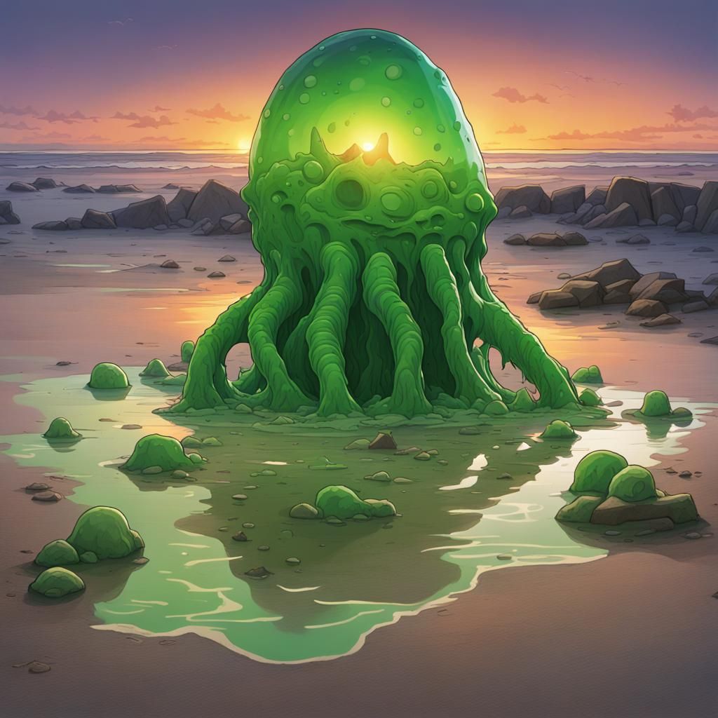 A giant green jelly monster against the setting sun on a beach of bones ...