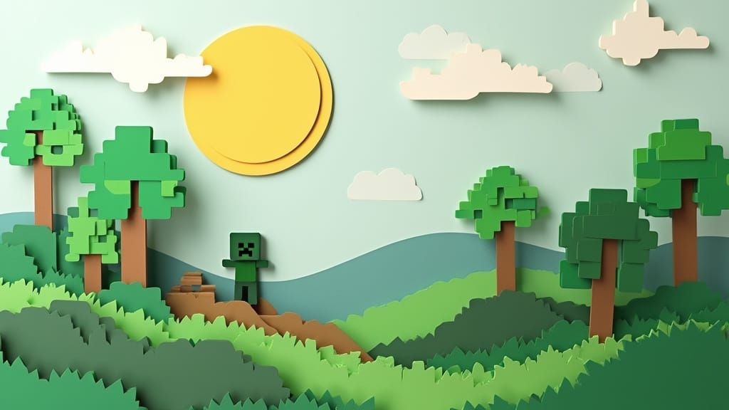 Minecraft Paper Art Landscape with Steve and Creep... - AI Art
