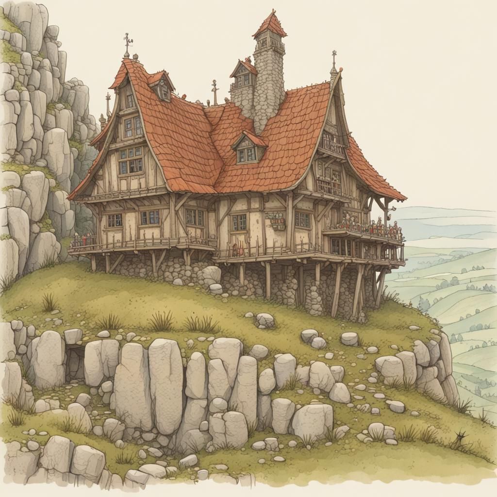 Medieval long house, edge of a rocky hillside, style of Mattias ...