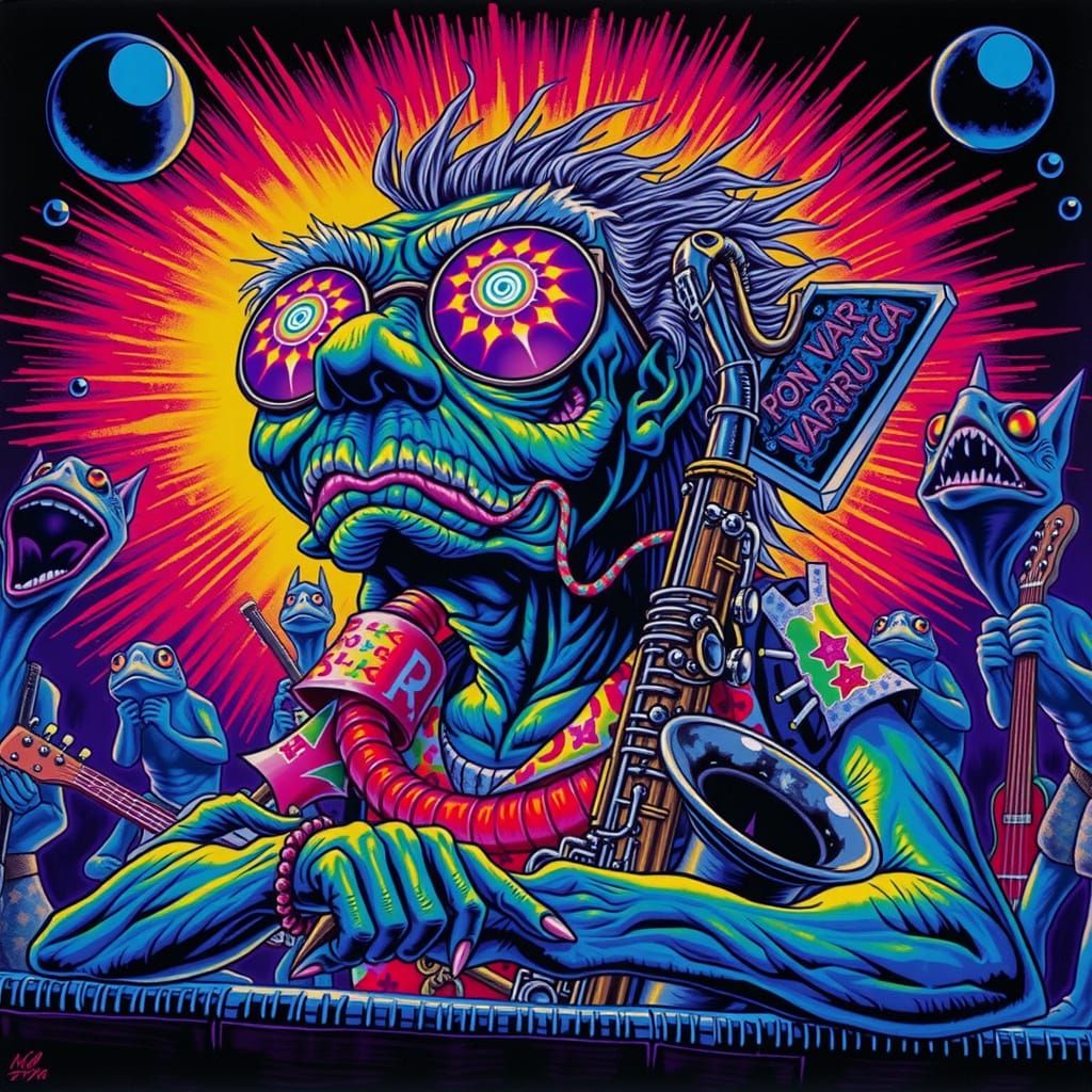 Grotesque Rock Star Caricature in Psychedelic Holo... - AI Art