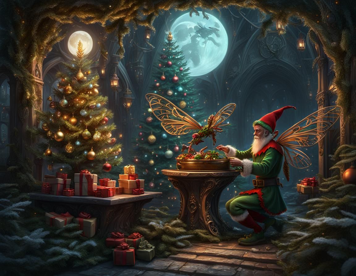 Christmas elf with cicada wings and gift making machine, christmas tree ...