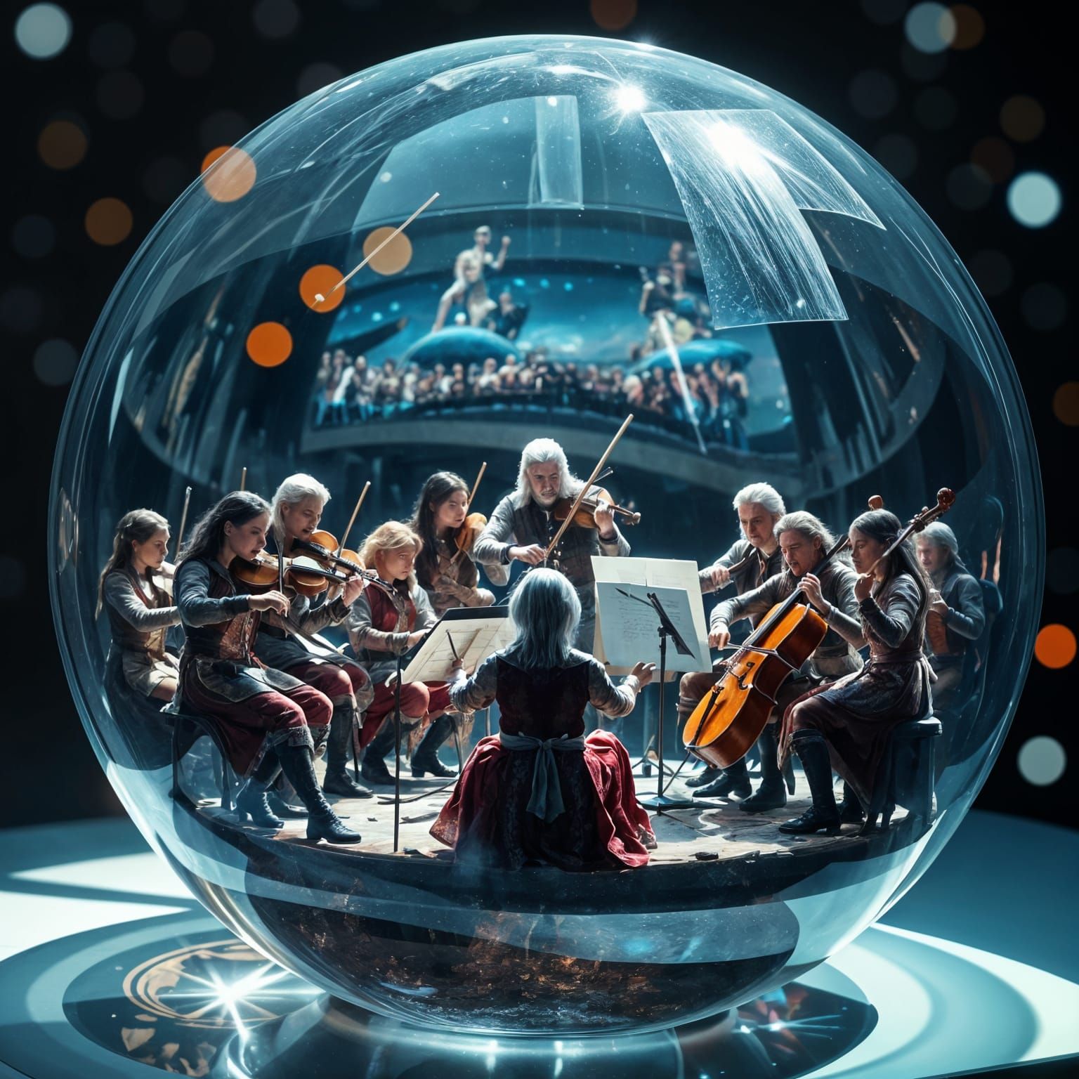 witcher inspired orchestra captured inside a glass sphere