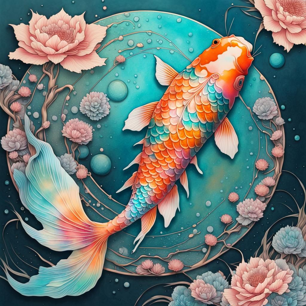 A Nishikigoi koi fish, Bohemian motifs, Nouveau art style, alcohol ink ...