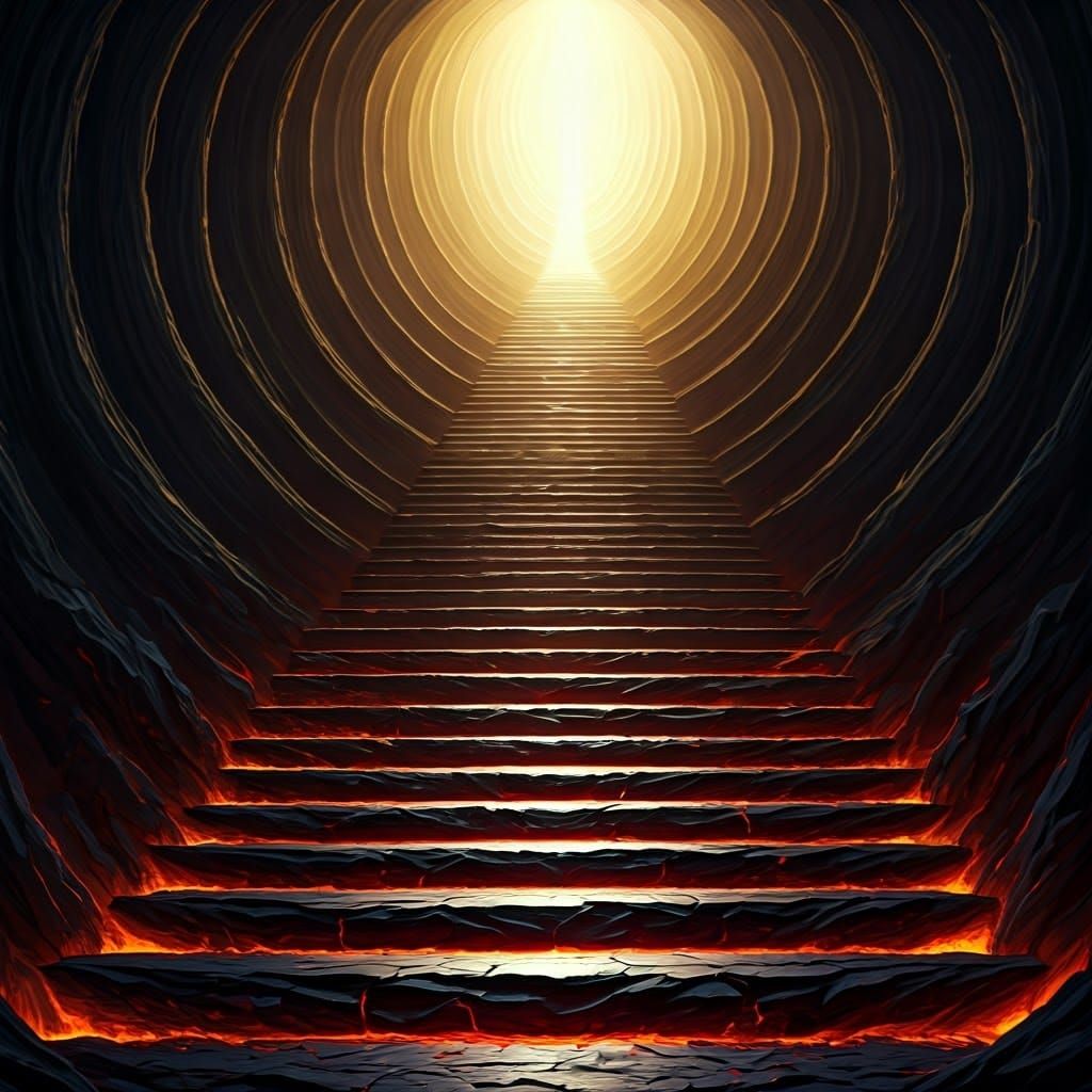 A colossal, obsidian stairway rising from the depths of a fiery ...