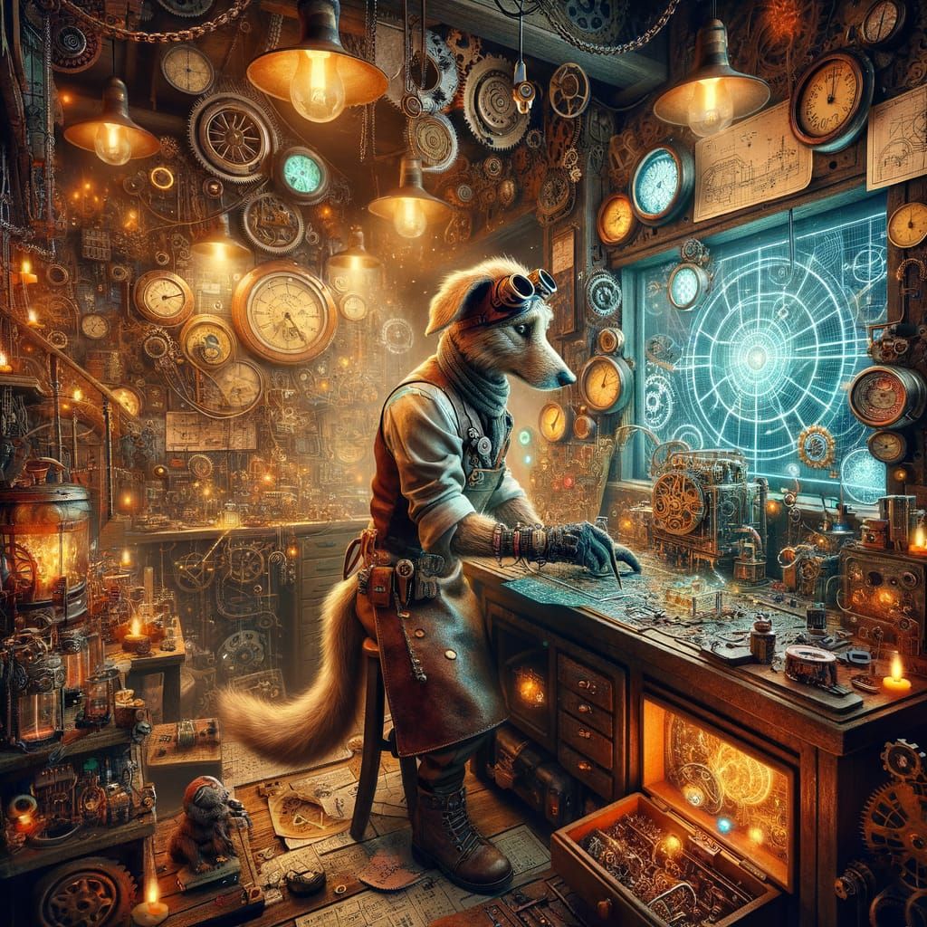 A Steampunk Inventor Dog at Work in a Fantastical ... - AI Art