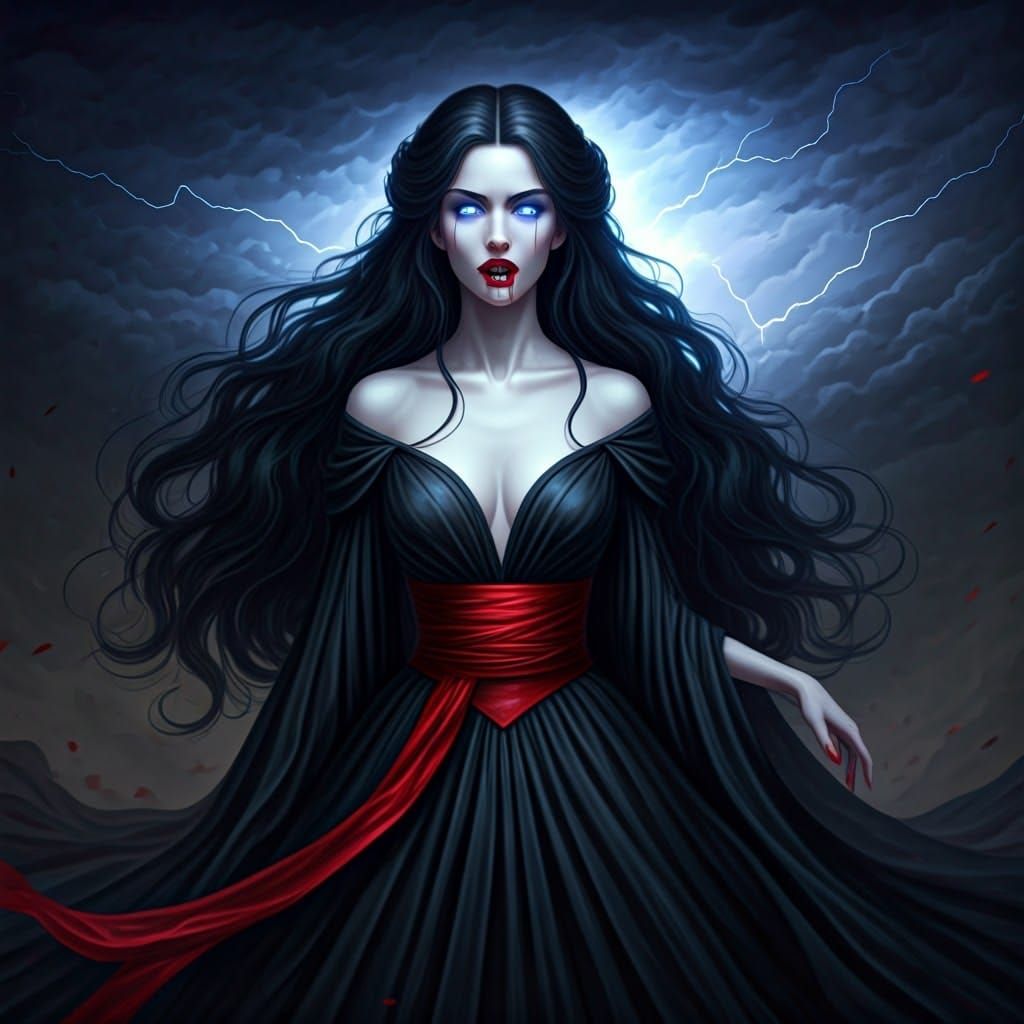 Ethereal Vampire Goddess with Lightning Eyes and C... - AI Art