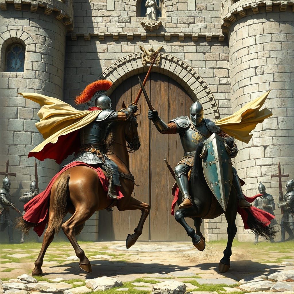 Medieval Knights Engage in Sword Fight in Castle A... - AI Art