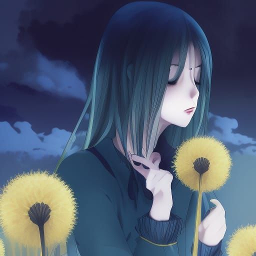 young woman, sad, dandelions, gothic, horror, soft lighting, elegant ...