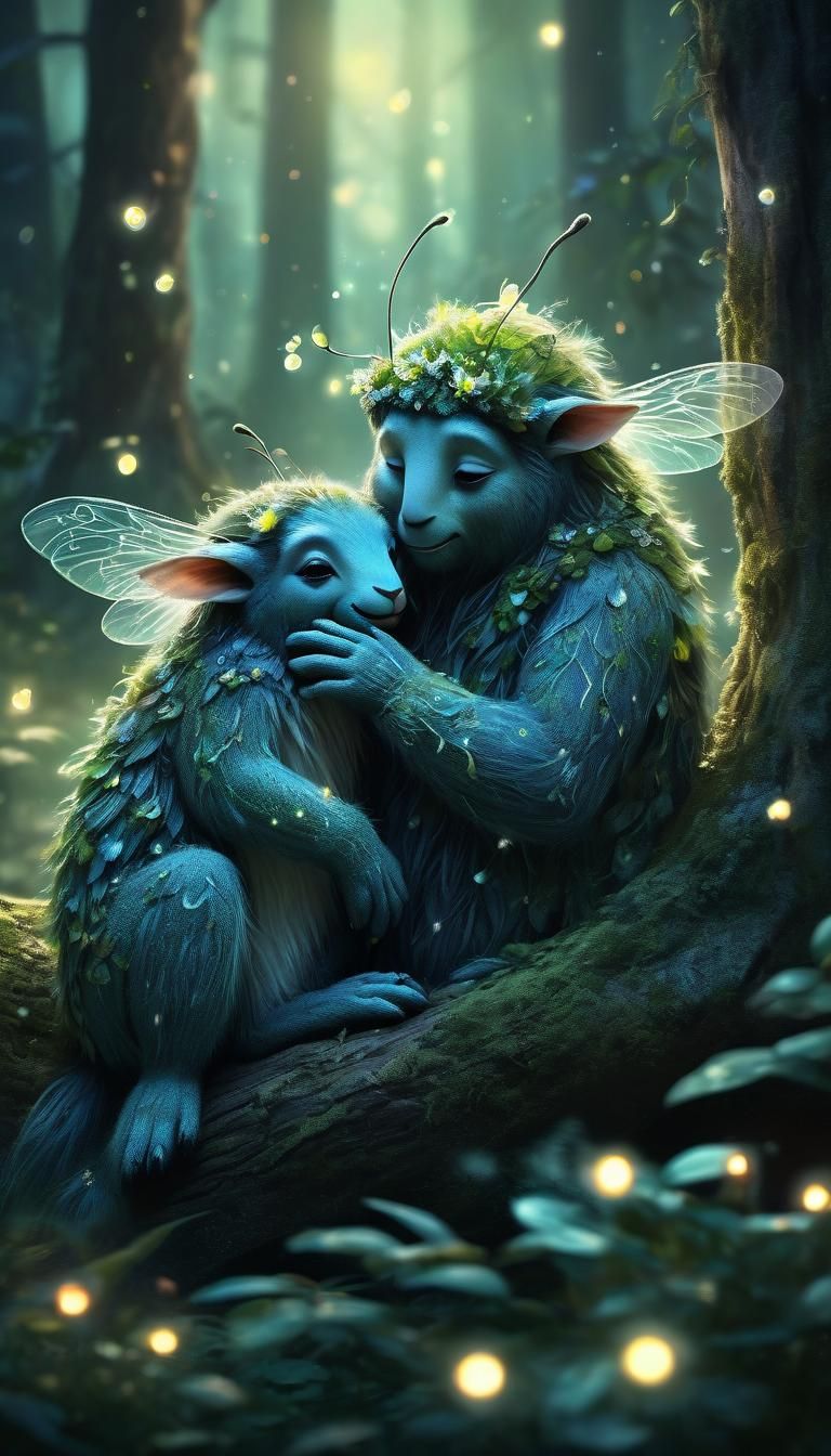 Mythical creature snuggling with delicate, luminescent fireflies in ...