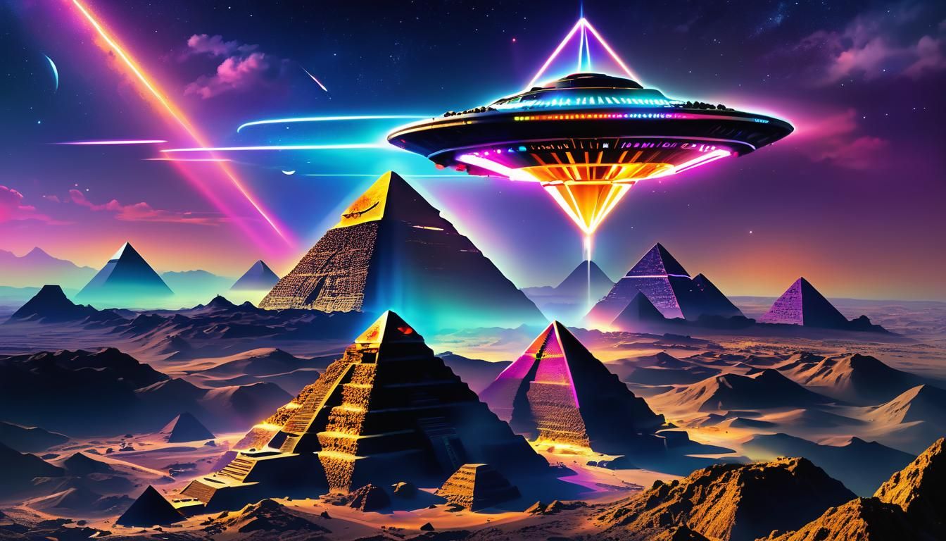 a framed scene a flying source UFO refuel on the top of the Gizeh ...