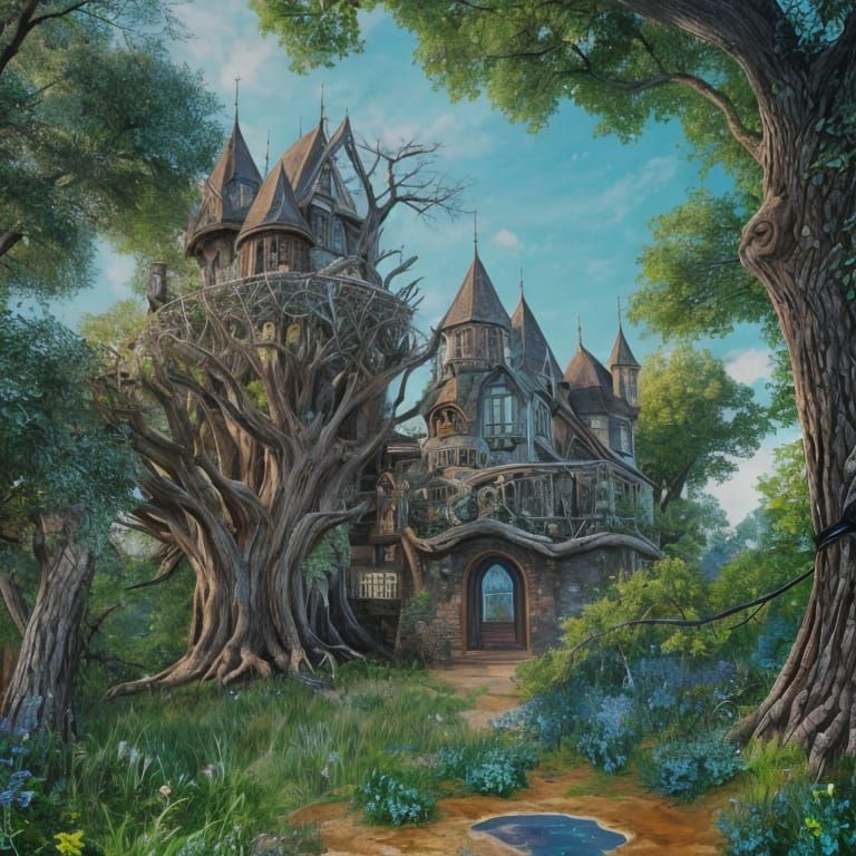 A treehouse that looks like a castle 🏰 in a large tree gouache detailed ...