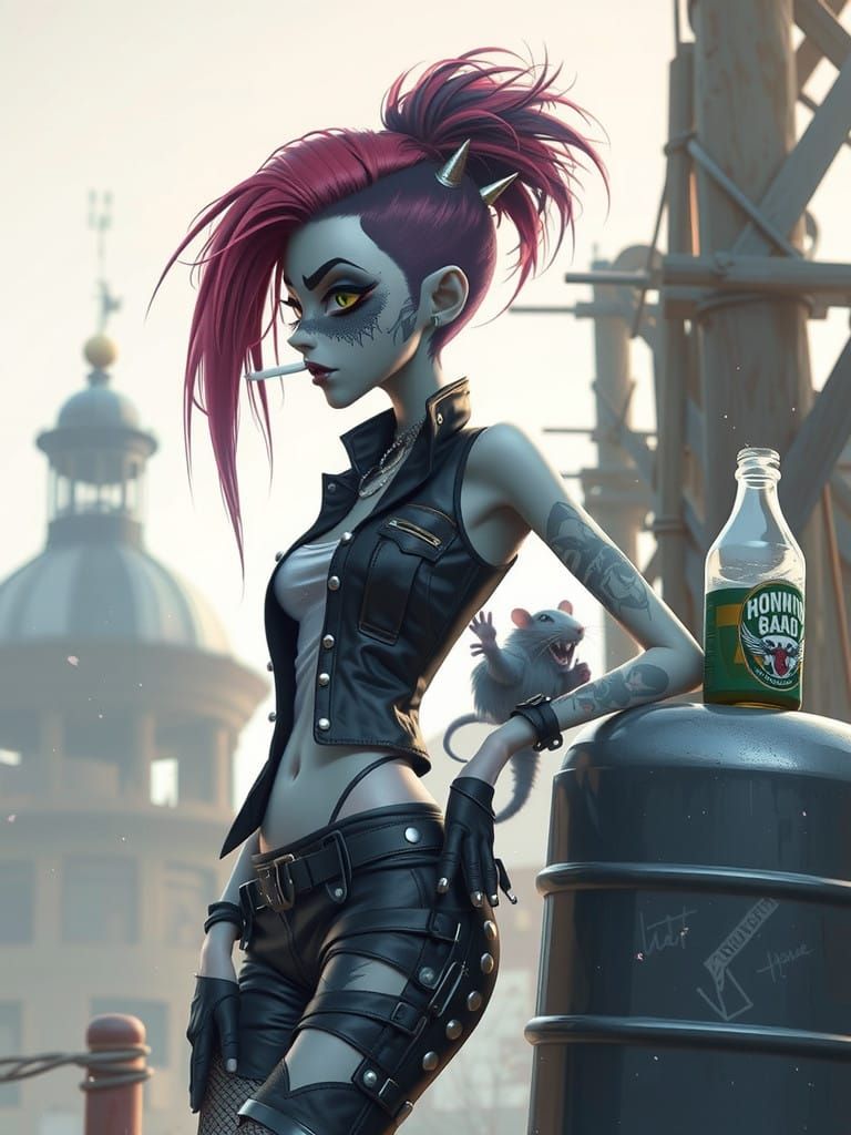 side view from top to bottom, slightly turned head, A badass chick in ...