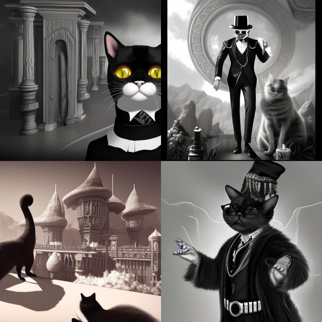 The black and white cat is dressed as a 1960s pimp. - AI Generated ...