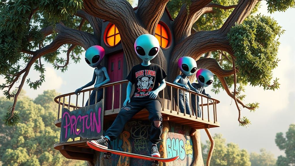 Graffiti Treehouse Meets Hyper-Realistic Aliens in... - AI Art