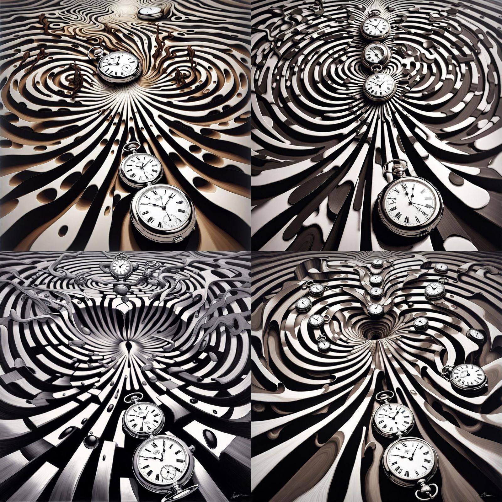 In a surrealist Op Art world , distorted clocks and pocket watches ...