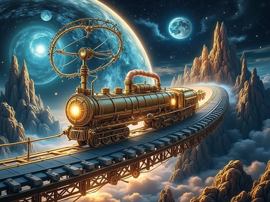 Celestial Steampunk Train Soaring at Sunset - AI Art