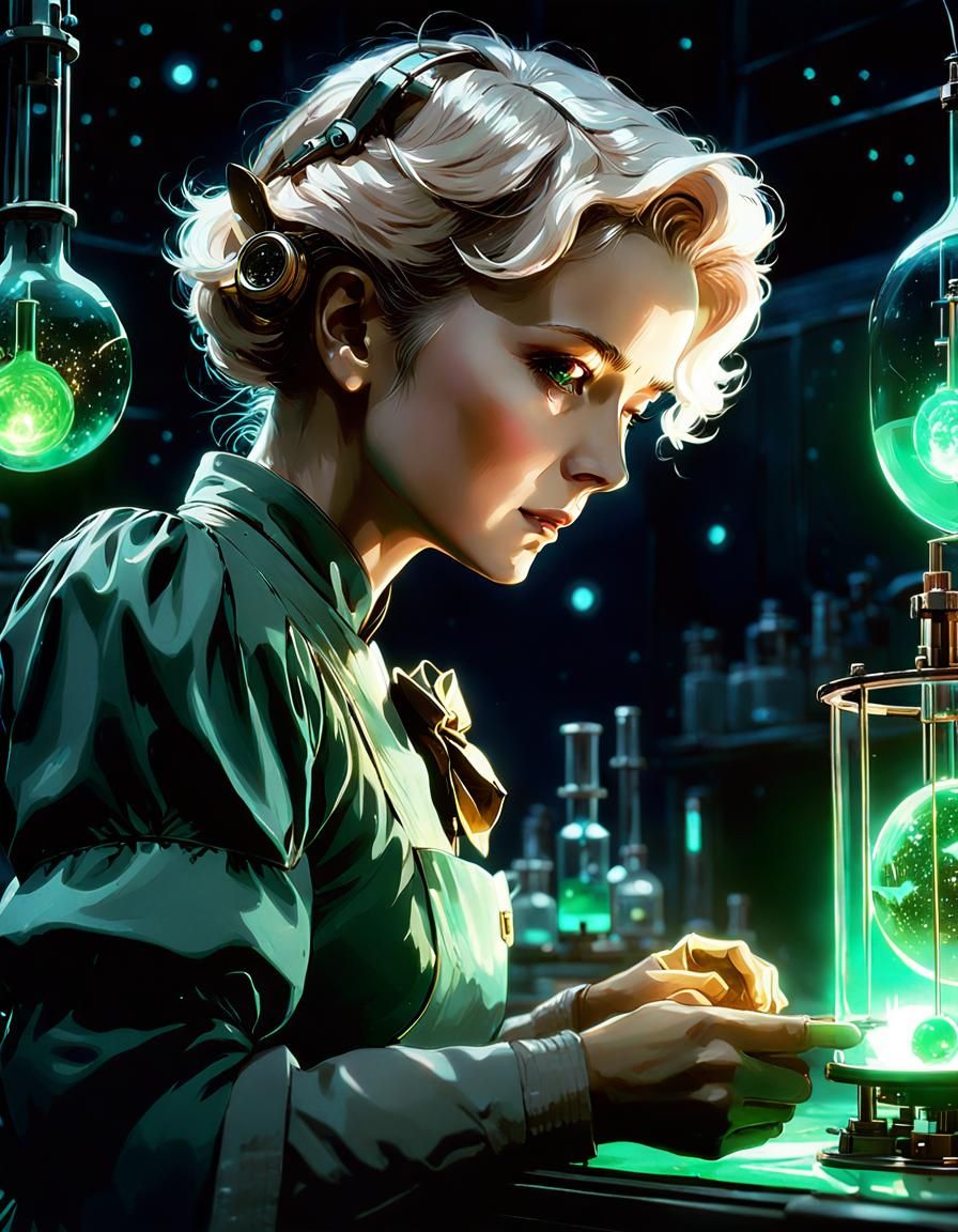 Close up shot of Marie Curie discovering glowing radium in a science ...