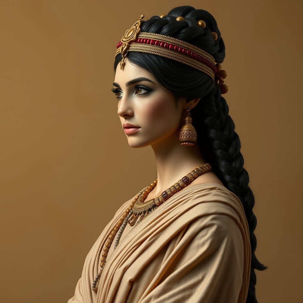 Beautiful woman dressed in 2600B.C. fashion and wearing hairstyle 2600 B.C., resin cast