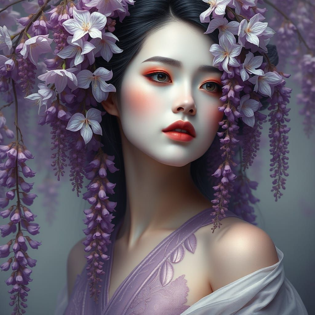 Madame Wisteria - Ethereal Geisha in Wisteria Hues, Abstract...