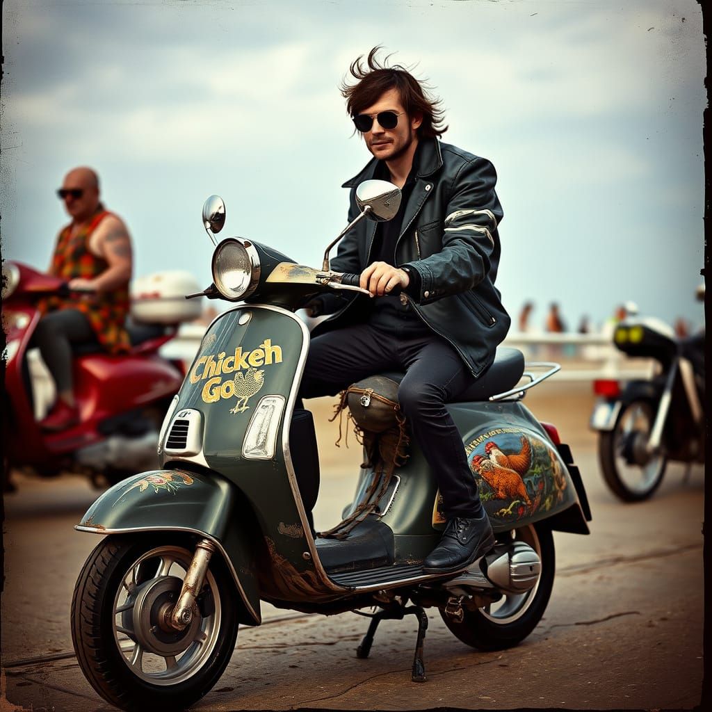 A mod on a scooter wrapped in "chicken goth" artwork, on Brighton Beach ...