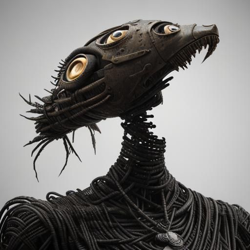 a close-up metallic mummy patched clay and wire sculpture with weird ...