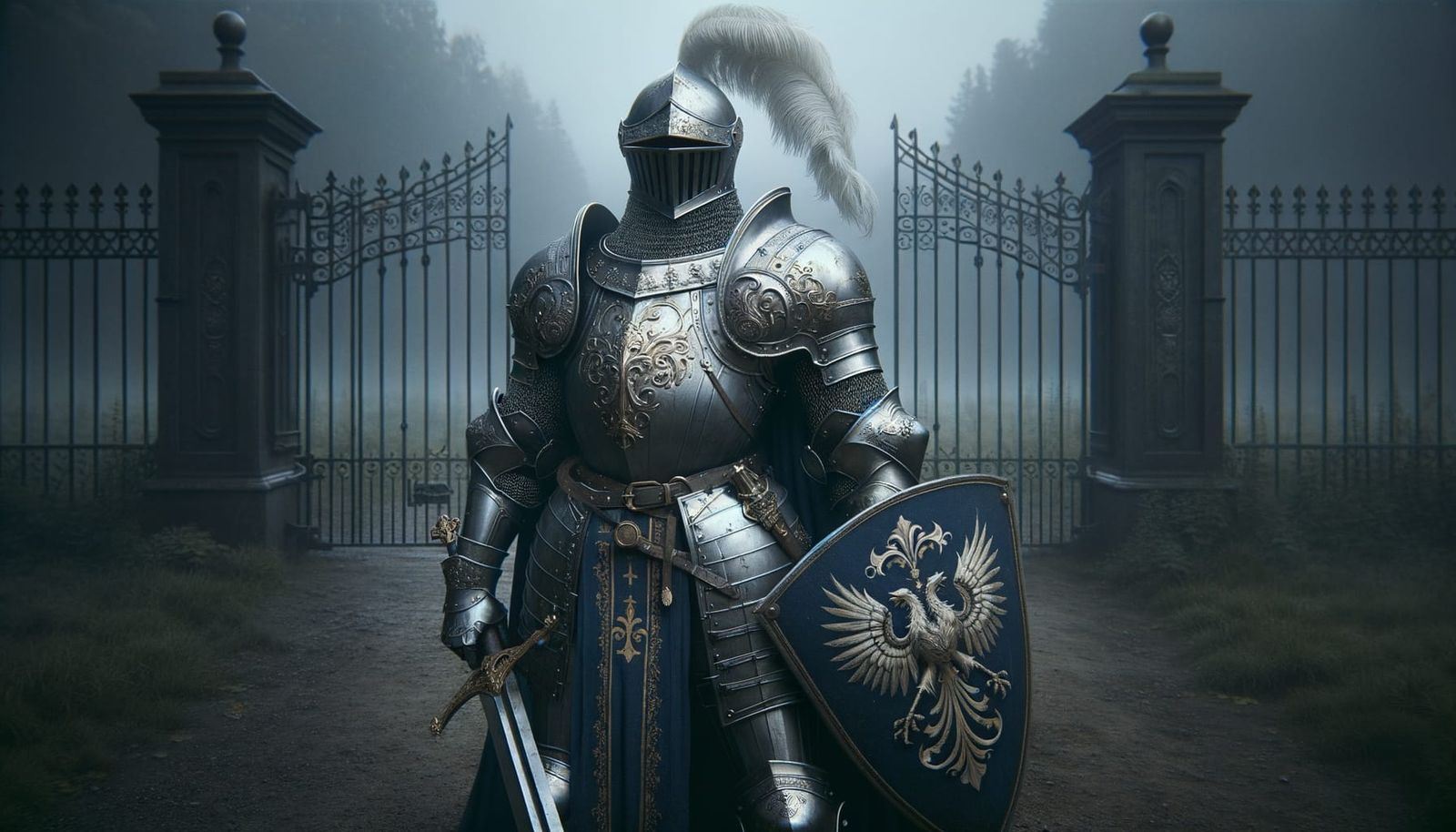 The Vigilant - Regal Armored Knight in Foggy Landscape