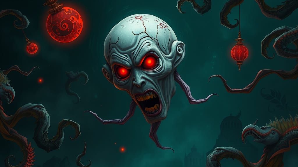 Thai Yokai Ghost Floats Amidst Horror Scenery in a... - AI Art