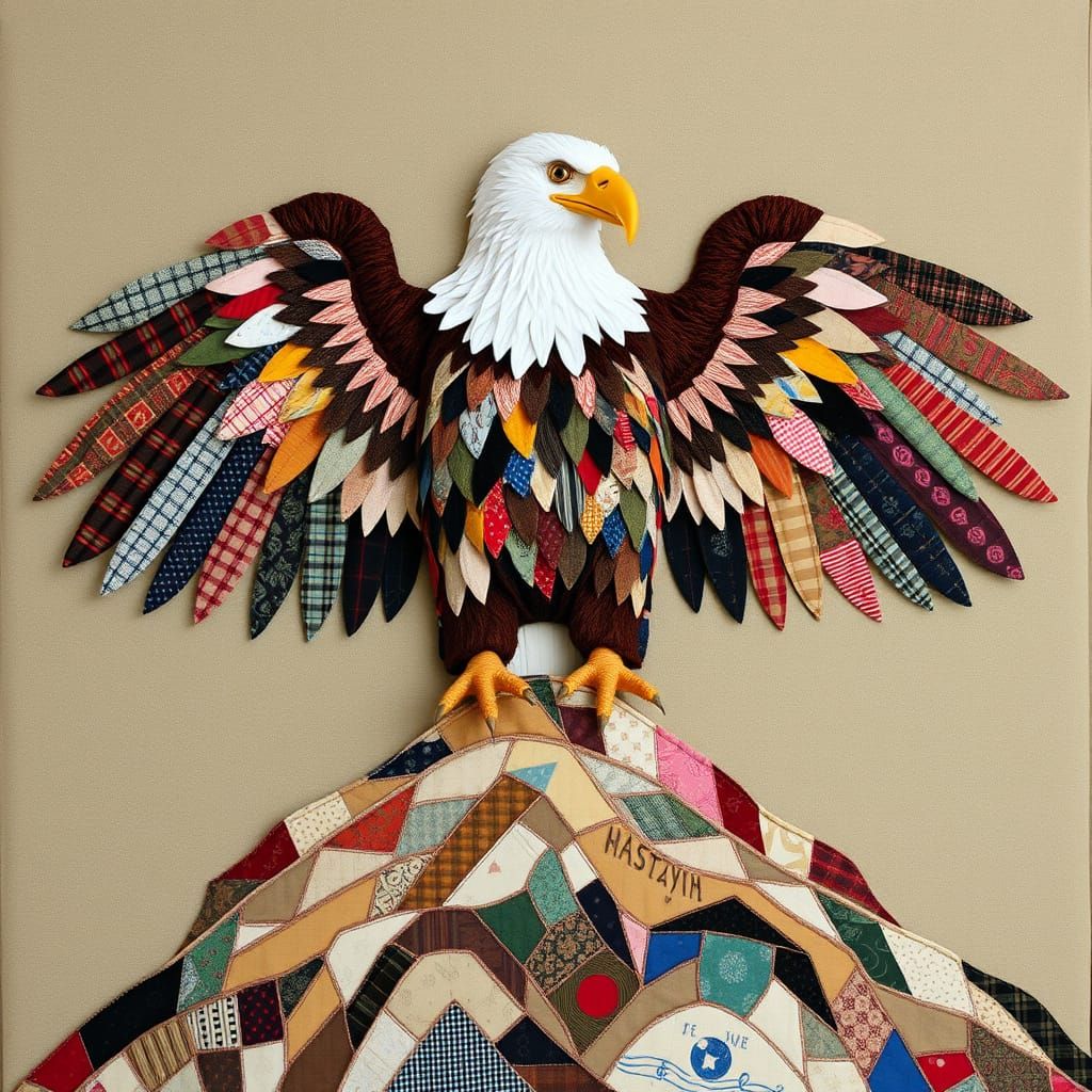Fabric Bald Eagle Expands Textile Wings on Quilted... - AI Art