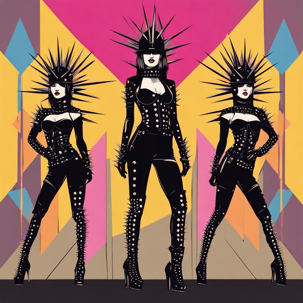 female goth dancers wearing studded black bra, spiked helmet, thigh high boots with spikes ...