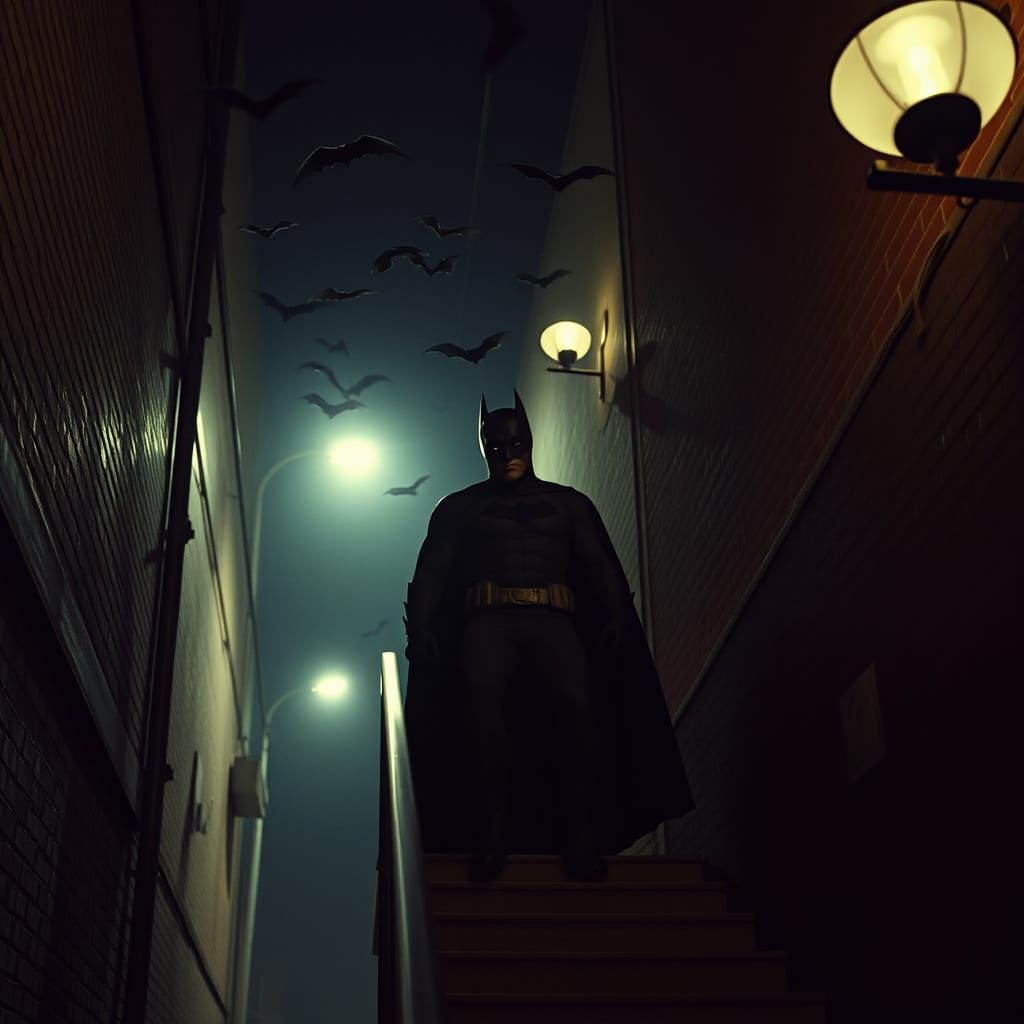 Batman Ascends in a Dark Urban Alleyway - AI Art