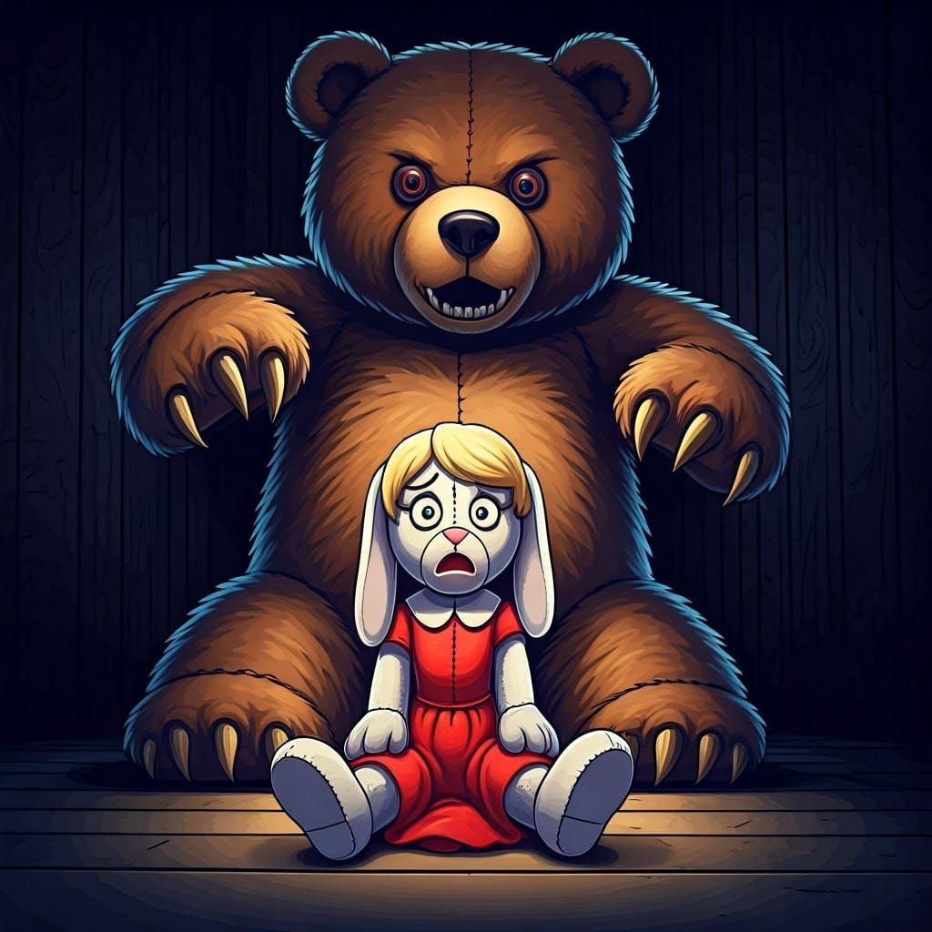 Fearful Plushy Rabbit Faces Sinister Bear in Dark ... - AI Art