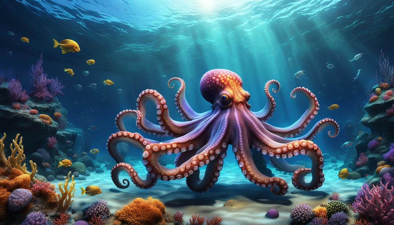 A deep ocean scene with a 20 armed octopus - AI Generated Artwork ...