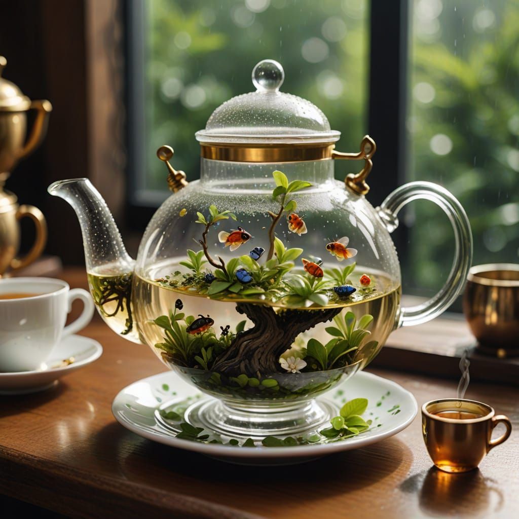 A natural living world inside a glass teapot