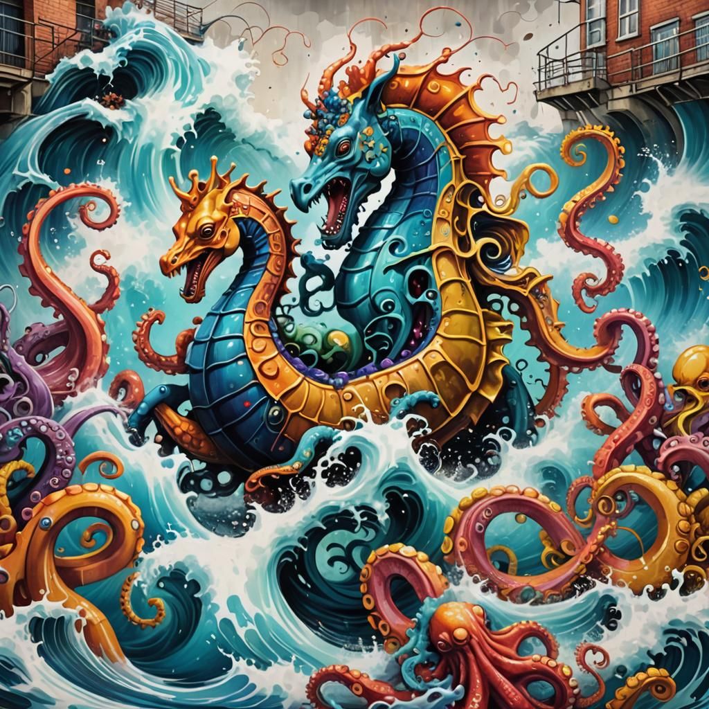 Sea horse and octopus riding a big wave - AI Generated Artwork ...