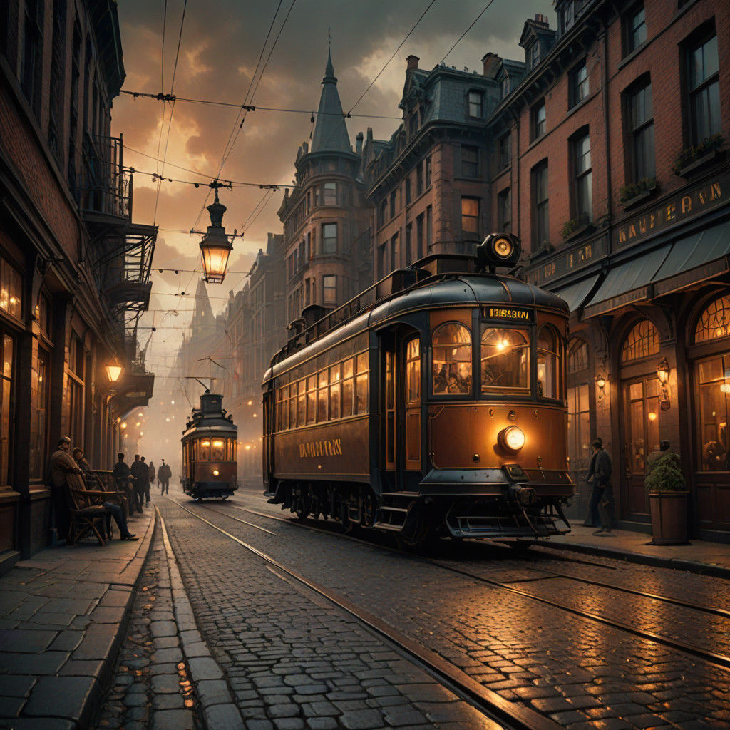Steam-Powered Vintage Tram Chugs Down Cobblestone ... - AI Art
