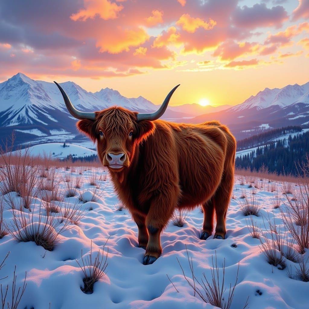 a highland cow standing in a snowy field with majestic mountains in the ...