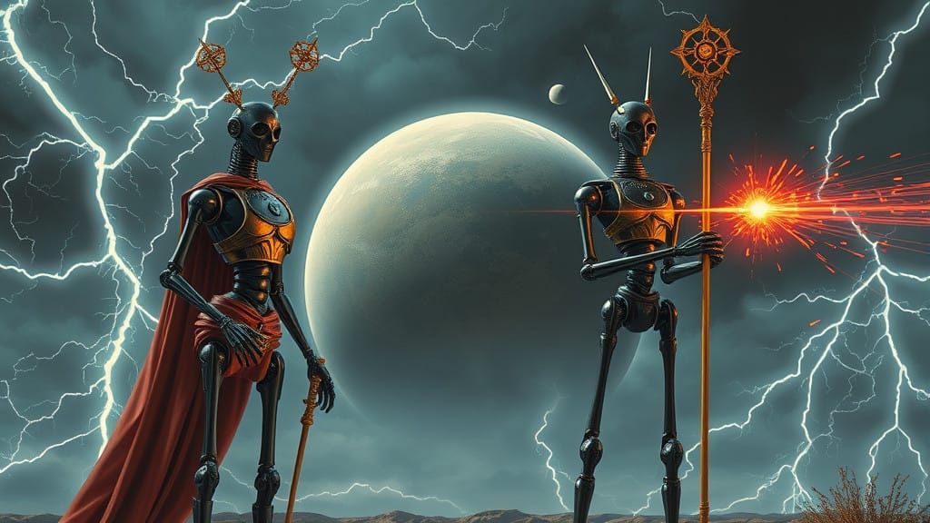 Trurl and Klapauscius thin spindly cybercore robot... - AI Art