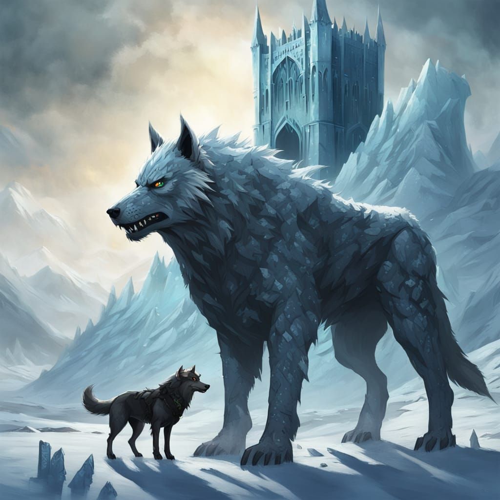 A frost knight accompanied by a giant dire wolf, standing guard before ...