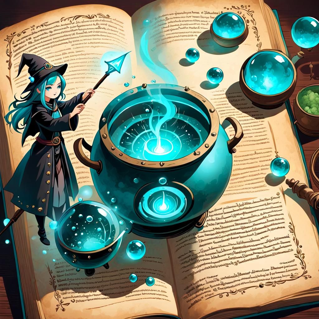 A page of a magic book with spells, using a magic wand.Full-color ...