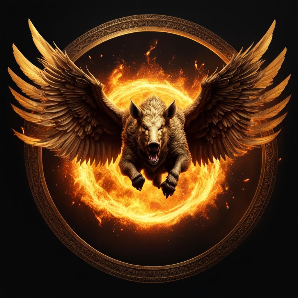 a golden flying boar with wings jumping through an exploding circle of ...