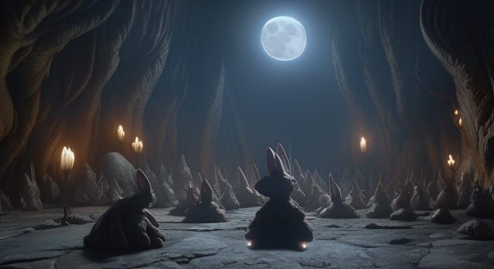 "Moon with crater formation shaped like a rabbit" 8k cinematic ...