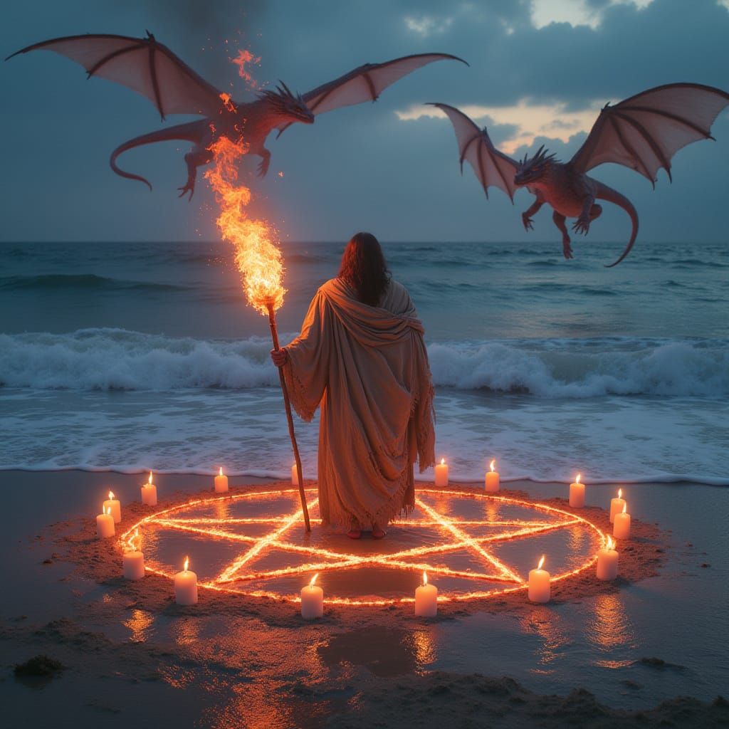 a warlock holding up a fire staff while facing the sea. He is standing ...
