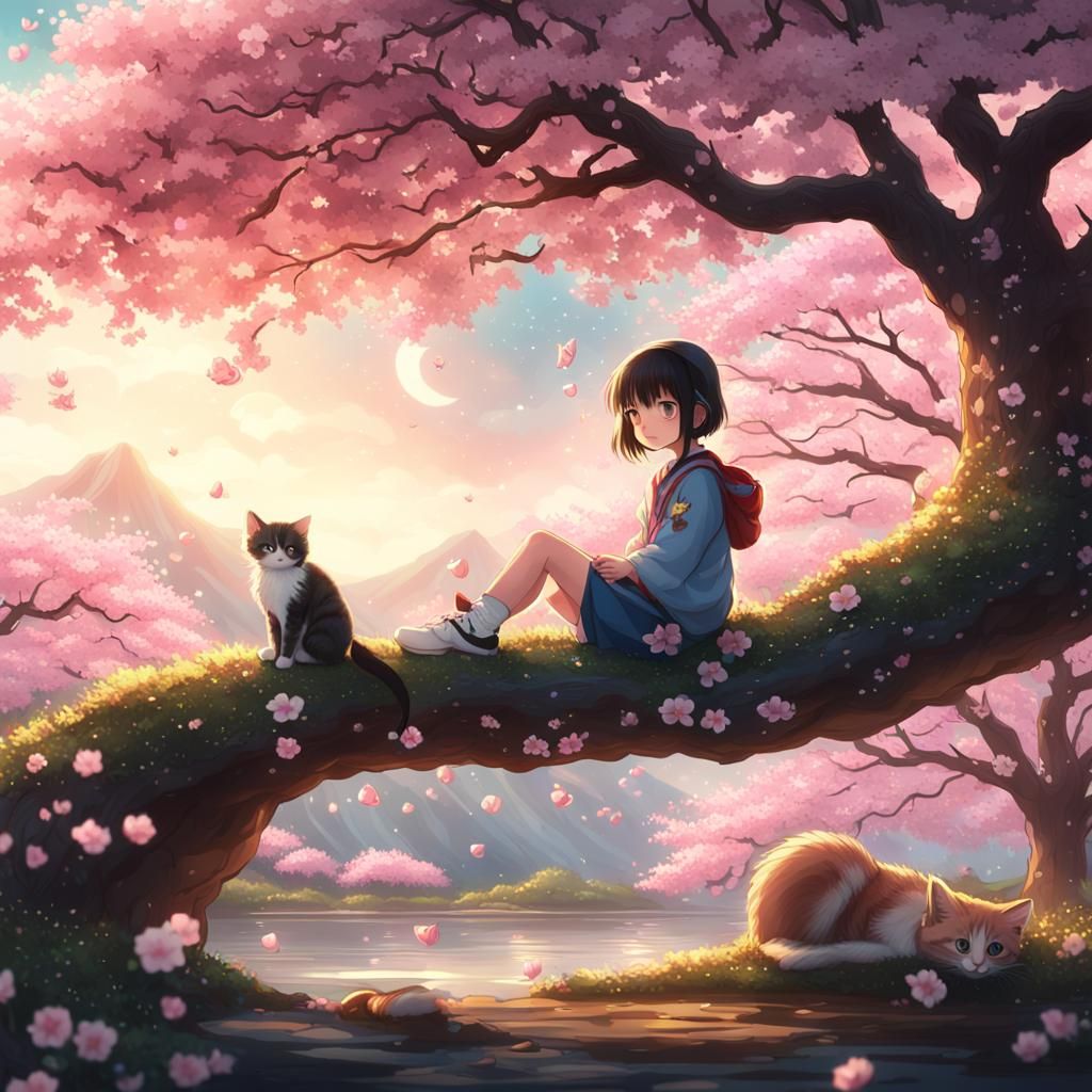 anime girl and cute kitten sitting under a full bloomed cherry blossom ...