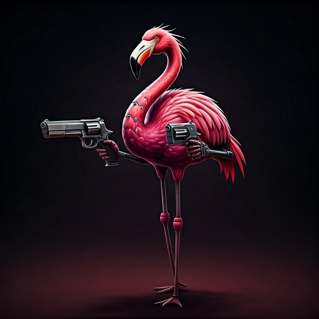 Robotic flamingo that is evil duel wielding guns