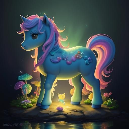 adorable cute chibi baby furry pony with a bioluminescent Waterfall in ...