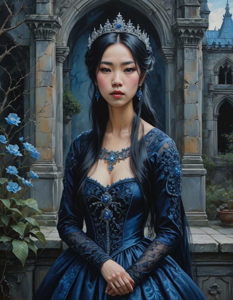 goth asian princess in dark blue euopean gown portrait, gothic castle ...