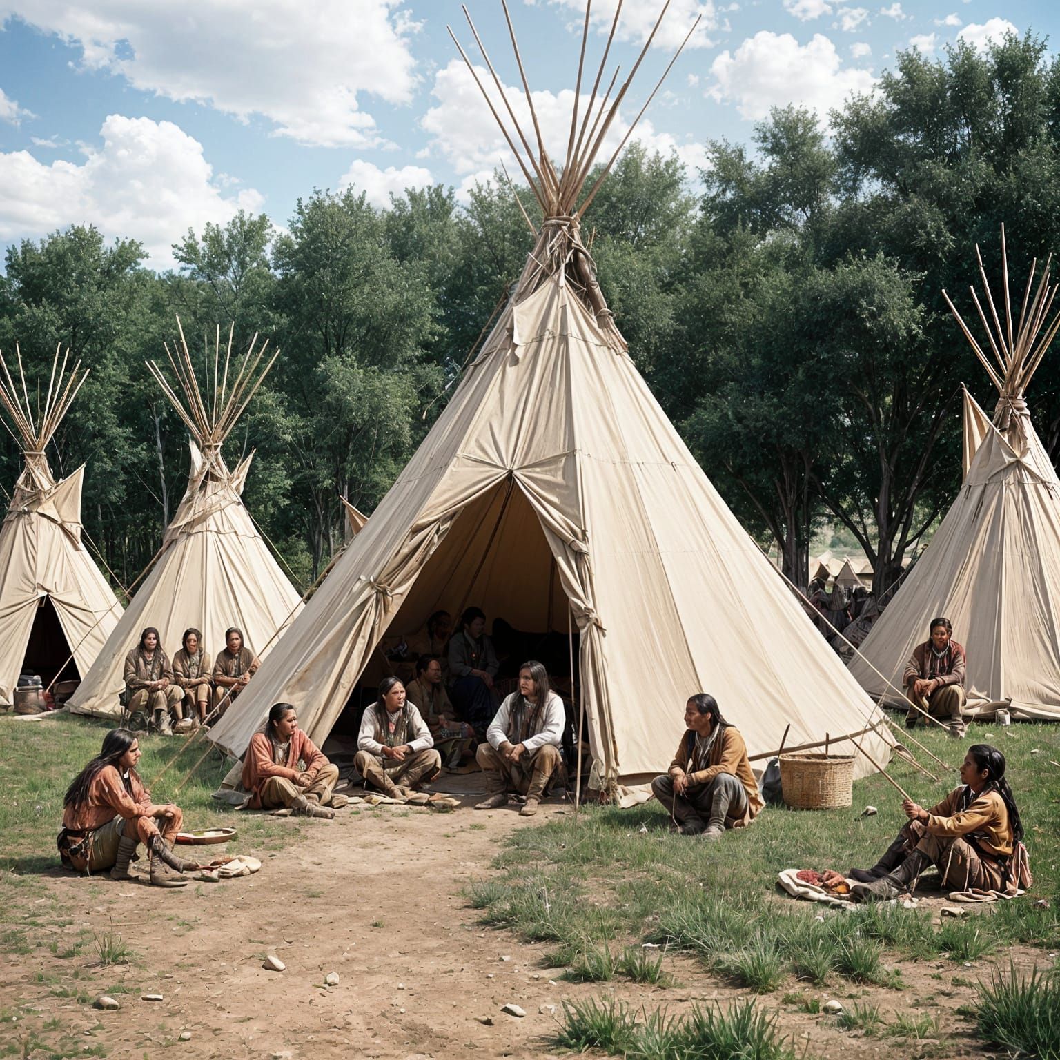 Cheyenne Native Americans in a tipi camp during 1800’s