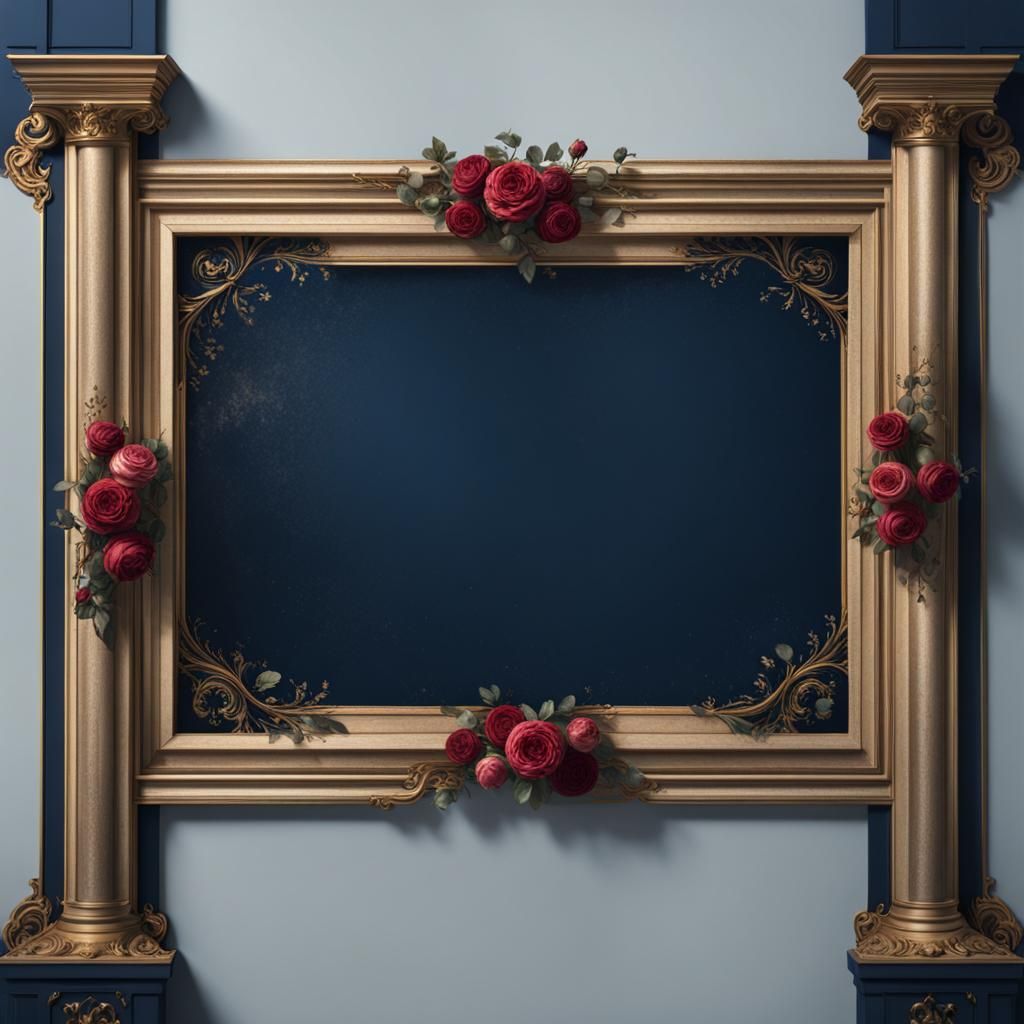 An empty Regency-style frame with border of roses on a dark blue ...